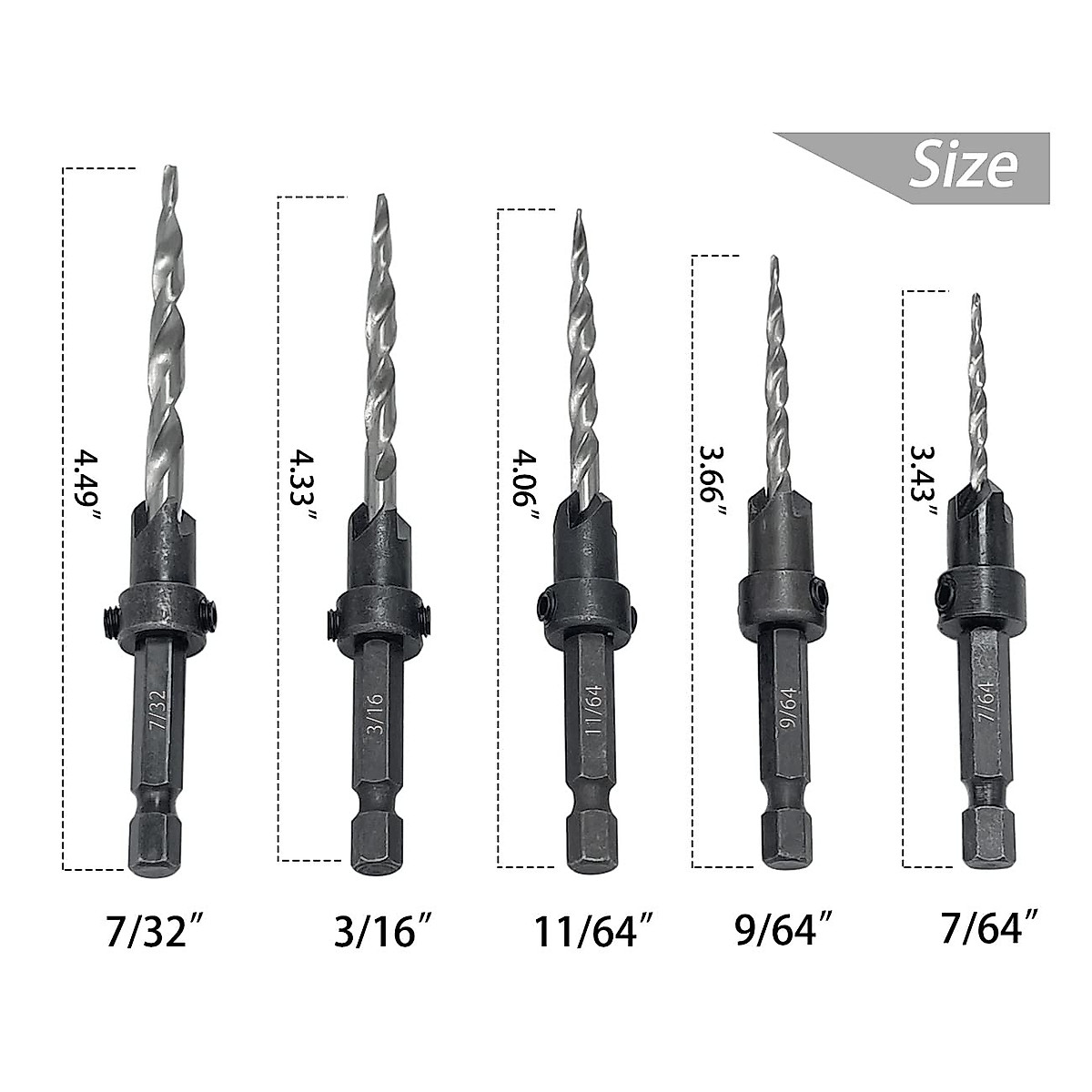 Saipe 5pcs Wood Tapered Countersink Drill Bit Set Hex Shank Screw Drill Counter Sink Bit 7/64", 9/64",11/64", 3/16", 7/32" Adjustable Drilling Tool Kit on Pilot Counter Sinker Hole for Woodworking