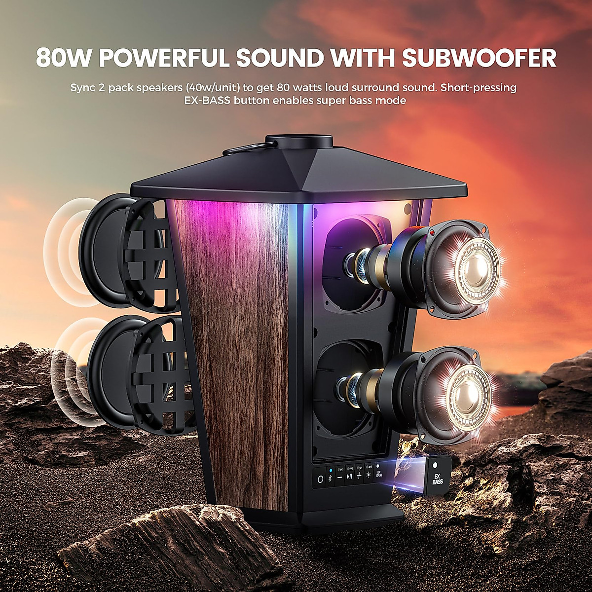 Outdoor Bluetooth Speaker Waterproof, 80W True Wireless Stereo Sound with Punchy Bass, Multi-Connect up to 100 Speakers, 4 Adjustable Modes Beat-Driven Lights, Party/Patio/Pool Side/Porch, 2 Pack