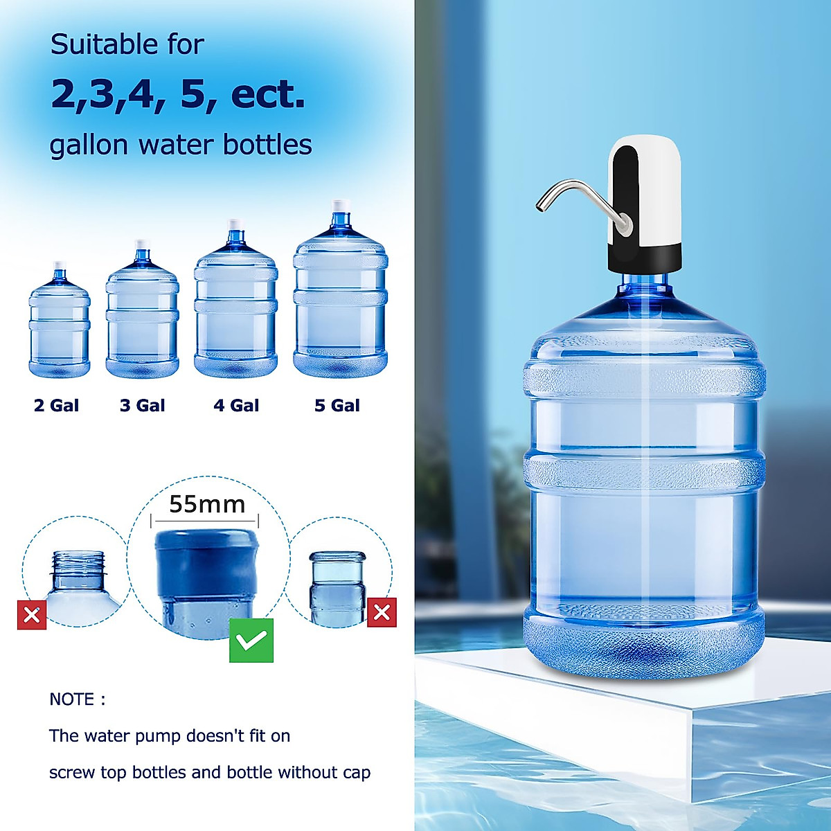 KUFUNG Water Dispenser for 5 Gallon Bottle - Rechargeable Water Pump for 5 Gal Jug, BPA-Free, Food Grade Silicone Hose, Stainless Steel Spout - 30-40 Days Battery Life, Easy One Switch Operation