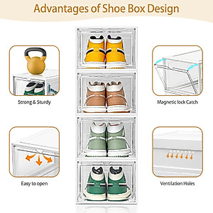 Upgraded X-Large 6 Pack Clear Shoe Storage Organizer,Stackable Shoe Rack for Closet,Plastic Shoe Boxes with Magnetic Door,Shoe Containers For Sneaker Display,Fit up to US Size13