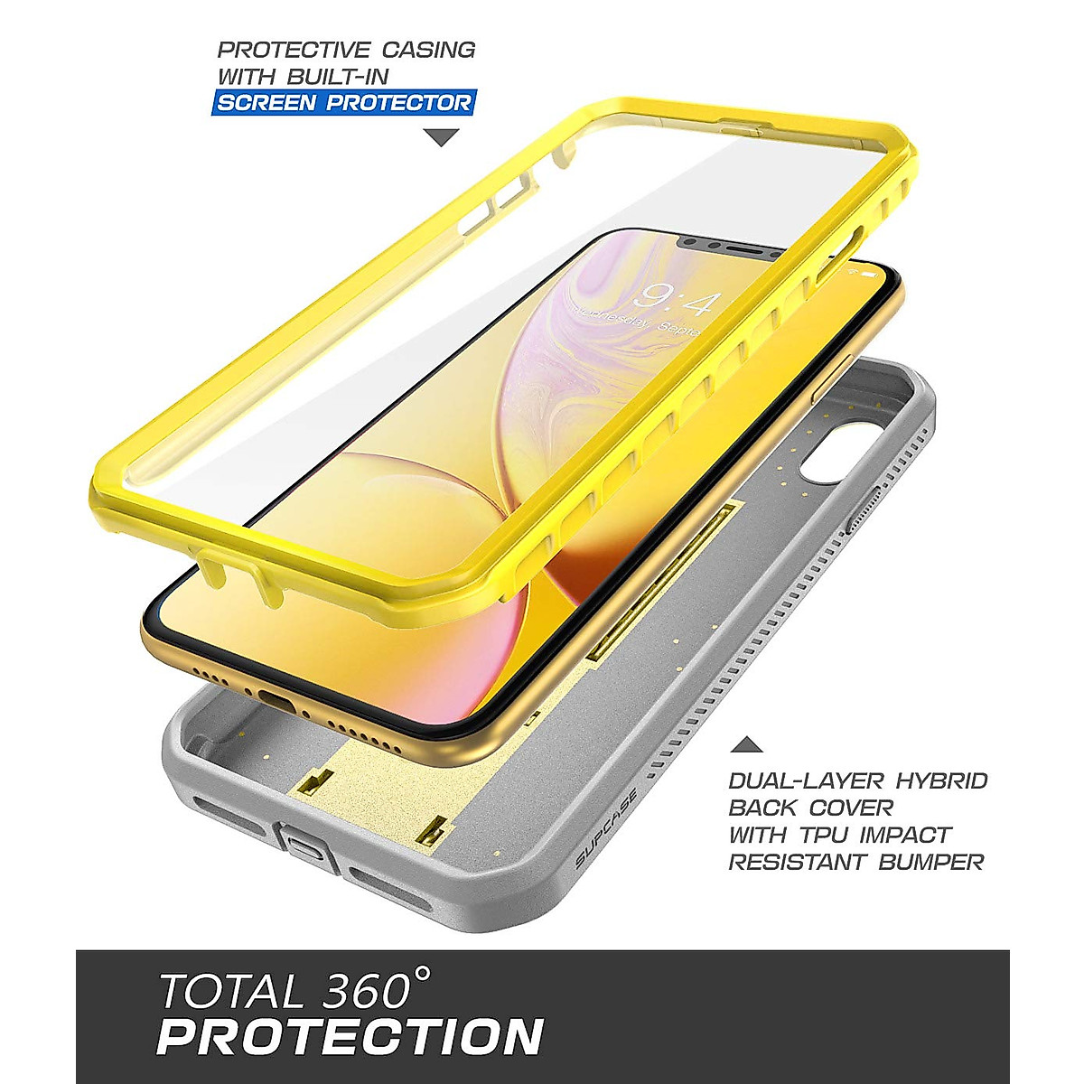SUPCASE iPhone XR Case, Full-Body Rugged Holster Kickstand Case with Built-in Screen Protector for Apple iPhone XR 6.1 Inch (2018 Release), Unicorn Beetle Pro Series -Retail Package (Yellow)