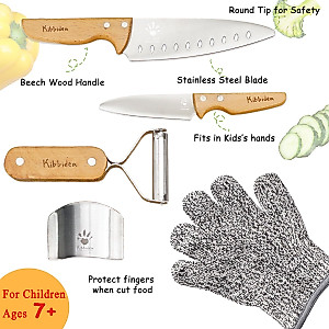 Kibbidea Kids Knife Set for Real Cooking 4-Pieces, Stainless Steel Kids Chef Knife Set with Wooden Handle, Kids Friendly Chef Knife for Cutting, BPA-free Kitchen Knives for Kids