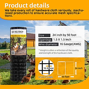 AggFencer 24in x 50ft Black Hardware Cloth 1.5 inch 16Ga PVC Coated Wire Mesh Vinyl Coated Fence, Welded Metal Chicken Wire Fencing Roll, Garden Plant Fencing, for Chicken Coop and Home Improvement