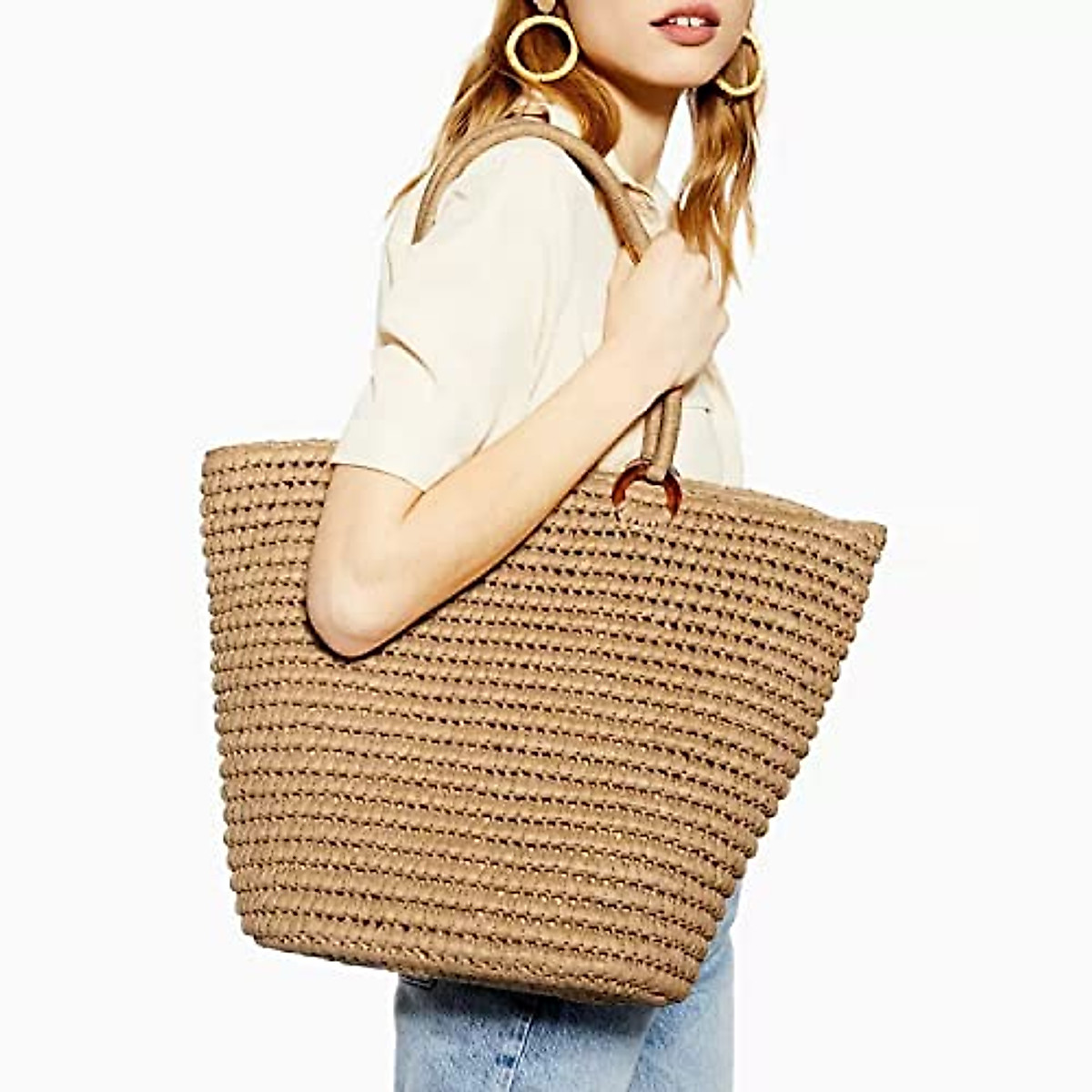 VSUVUR Women Large Woven Straw Beach Tote,Hand-Woven Straw Handbag, Handmade Weaving Shoulder Bag,Summer Beach Bag