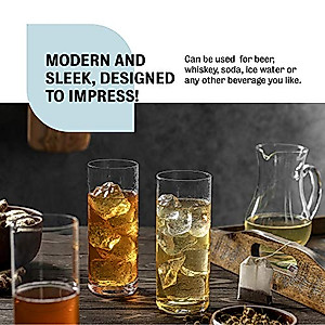 Highly Durable Drinking Glasses Set of 6, 14 Ounce Highball Glasses for Cocktails, Coffee Bar Accessories,Tall Cocktail Glasses, Collins Glasses, Beer Glass, Glass Cups for Iced Coffee, Glass Beer Mug