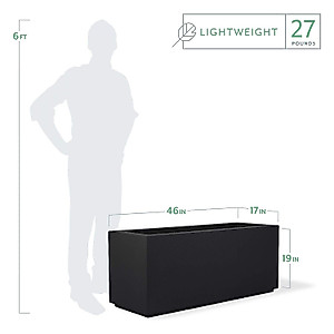 PolyStone Milan Tall Modern Outdoor/Indoor Rectangular Trough Planter, 46" L X 17" W X 19" H, Lightweight, Heavy Duty, Weather Resistant, Polymer Finish, Commercial and Residential (Black)