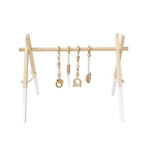 Poppyseed Play Wooden Baby Play Gym, Foldable Frame w/Hanging Bar, Tied Cotton Cord & Wooden Toys, Gender Neutral Baby Activity Set, Easy to Assemble (White Wood, Macrame Toys)