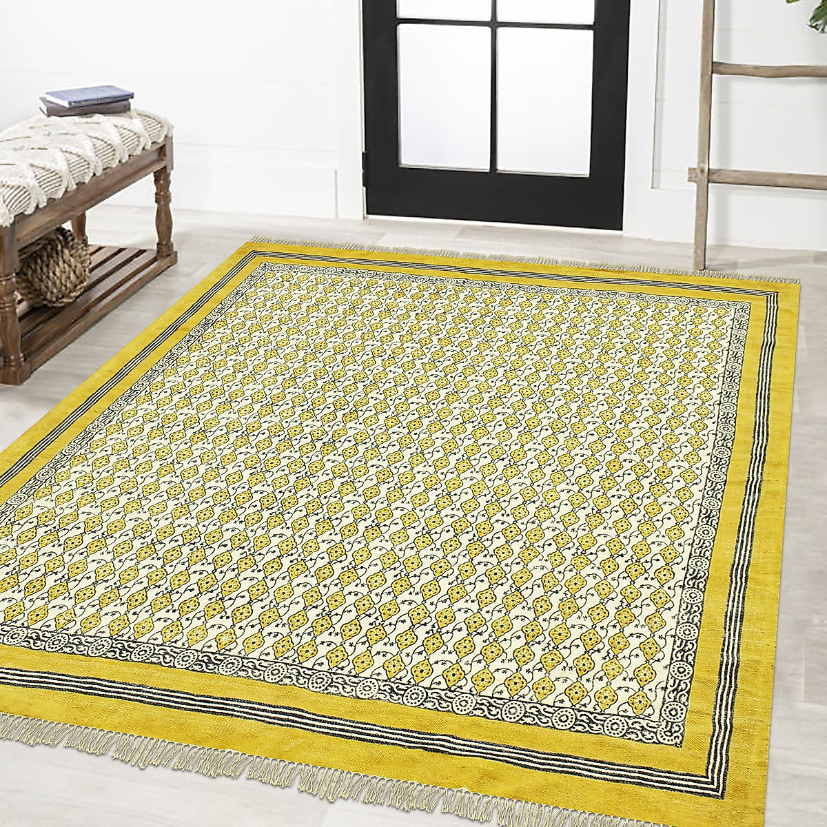 CASAVANI Collection Rectangular Rug - 5x7 Ft Musterd Yellow Cotton Dhurrie Floral Kilim Rug Indoor Outdoor Use Carpet Flatweave Rug High Traffic Area in Bedroom Dining Room Living Room
