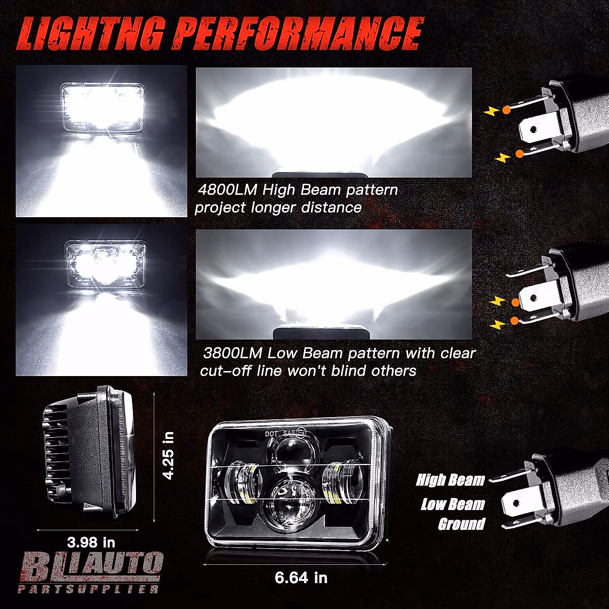 BLIAUTO DOT Approved 4x6 LED Headlights 4PCS 65W Hi/Low Sealed Beam H6545 Rectangular Projector Headlamp Replace H4651 H4652 H4656 H4666 for Kenworth T600 T800 W900 Peterbilt 378 379 Truck
