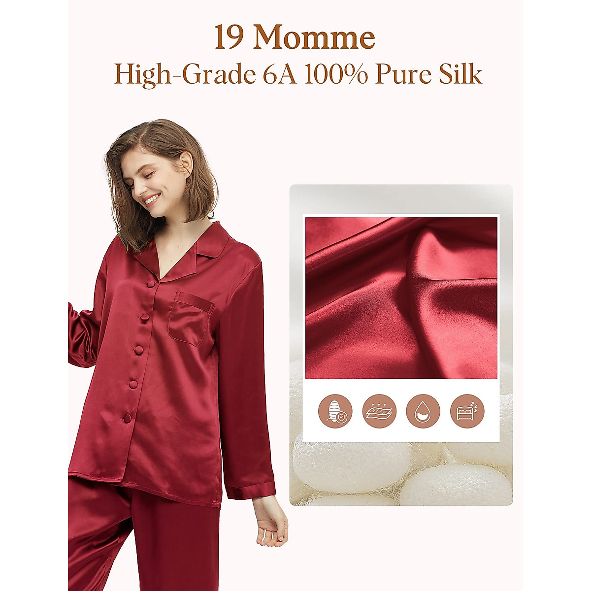 LilySilk Silk Pajamas for Women Button Up Pajamas Set for Ladies Girls Soft Maternity Pajamas Birthday Bridal Party Gift for Christmas Anniversary Valentine's day, Claret L