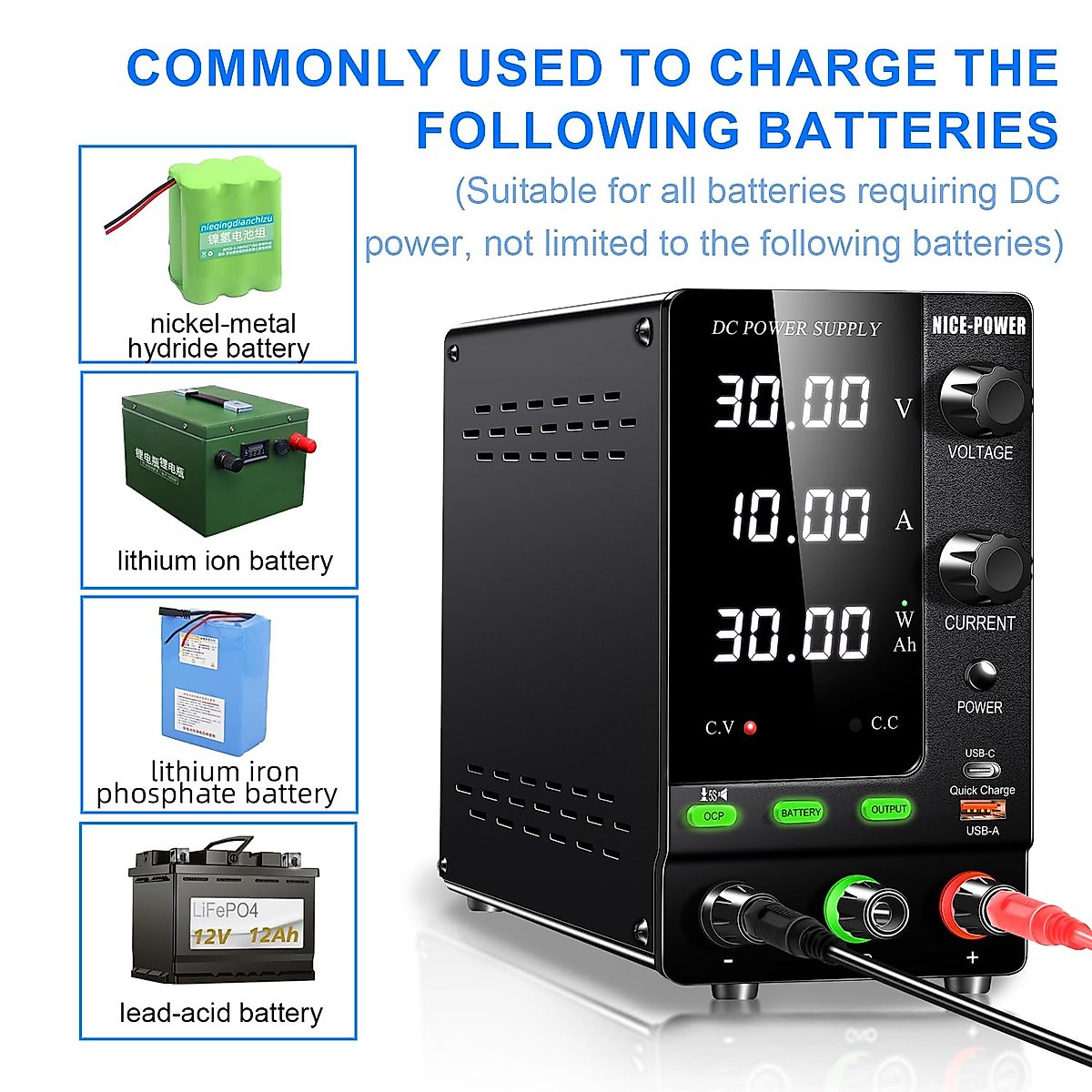 NICE-POWER DC Power Supply Variable 30V 10A, 300W Encoder Adjustable 6V 12V 24V LiFePO4 Lithium Ion etc. Battery Charger Regulated Lab Bench Power Supply Output Switch/OCP Function/Quick Charge Port