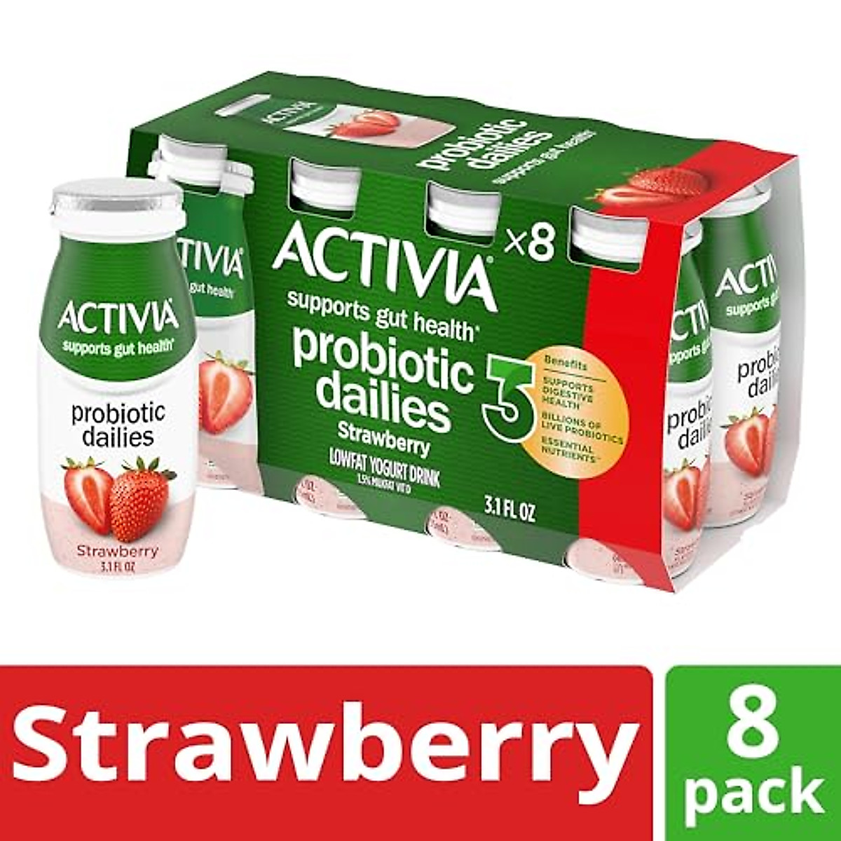 Activia Probiotic Dailies Strawberry Lowfat Yogurt Drinks, Delicious Daily Probiotic Yogurt Smoothie Drinks to Help Support Gut Health, 8 Ct, 3.1 FL OZ