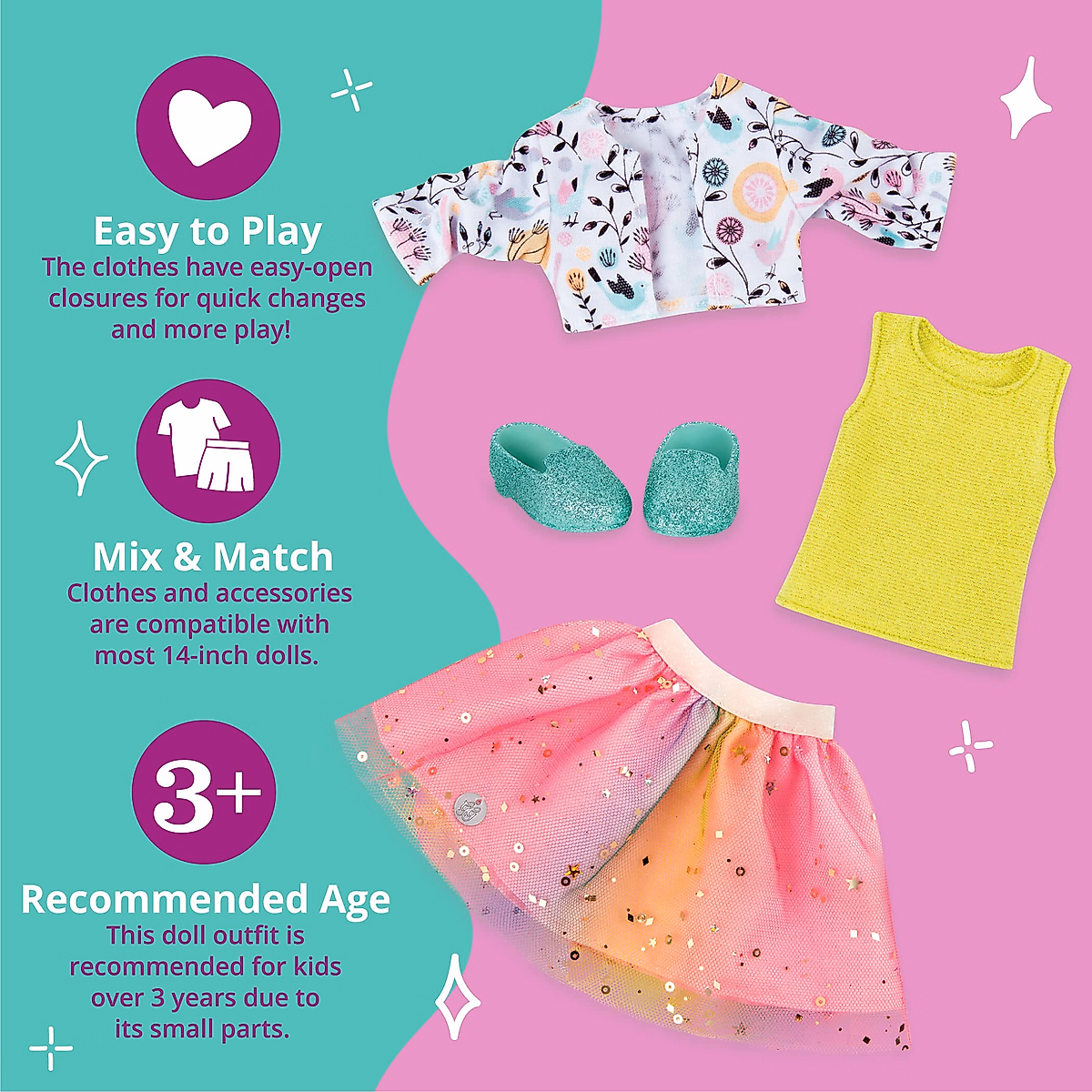 Glitter Girls Shimmer Glimmer Floral Fashion Doll Clothes & Accessories for 14 inch Dolls | Urban Top, Flower Jacket & Tutu Skirt Outfit – for 3+ Year Old Girls