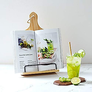 Cookbook Stand, Rustic Wood Cookbook Holder Cutting Board Style, Adjustable Recipe Ipad Tablet Book Holder and Stand for Kitchen with Anti-Slip Kickstand (Natural Wood Color)