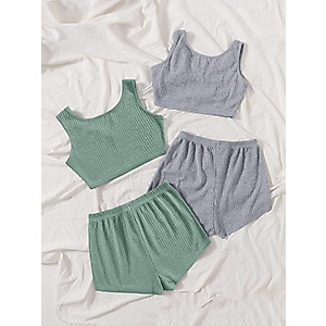 Milumia Women's 4 Pieces Ribbed Knit Crop Tank Top and Drawstring Waist Shorts Pajama Set Loungewear Grey and Green Large