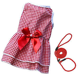 Dog Girl Plaid Princess Dress with Bowknot + Dog Leash for Wedding Party Summer Beach,Puppy Sleeveless Cool Breathable Apparel Party Outfit Red