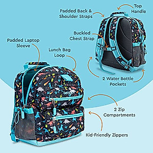 Bentgo® Kids Backpack - Lightweight 14” Backpack in Unique Prints for School, Travel, & Daycare - Roomy Interior, Durable & Water-Resistant Fabric, & Loop for Lunch Bag (Dinosaur)