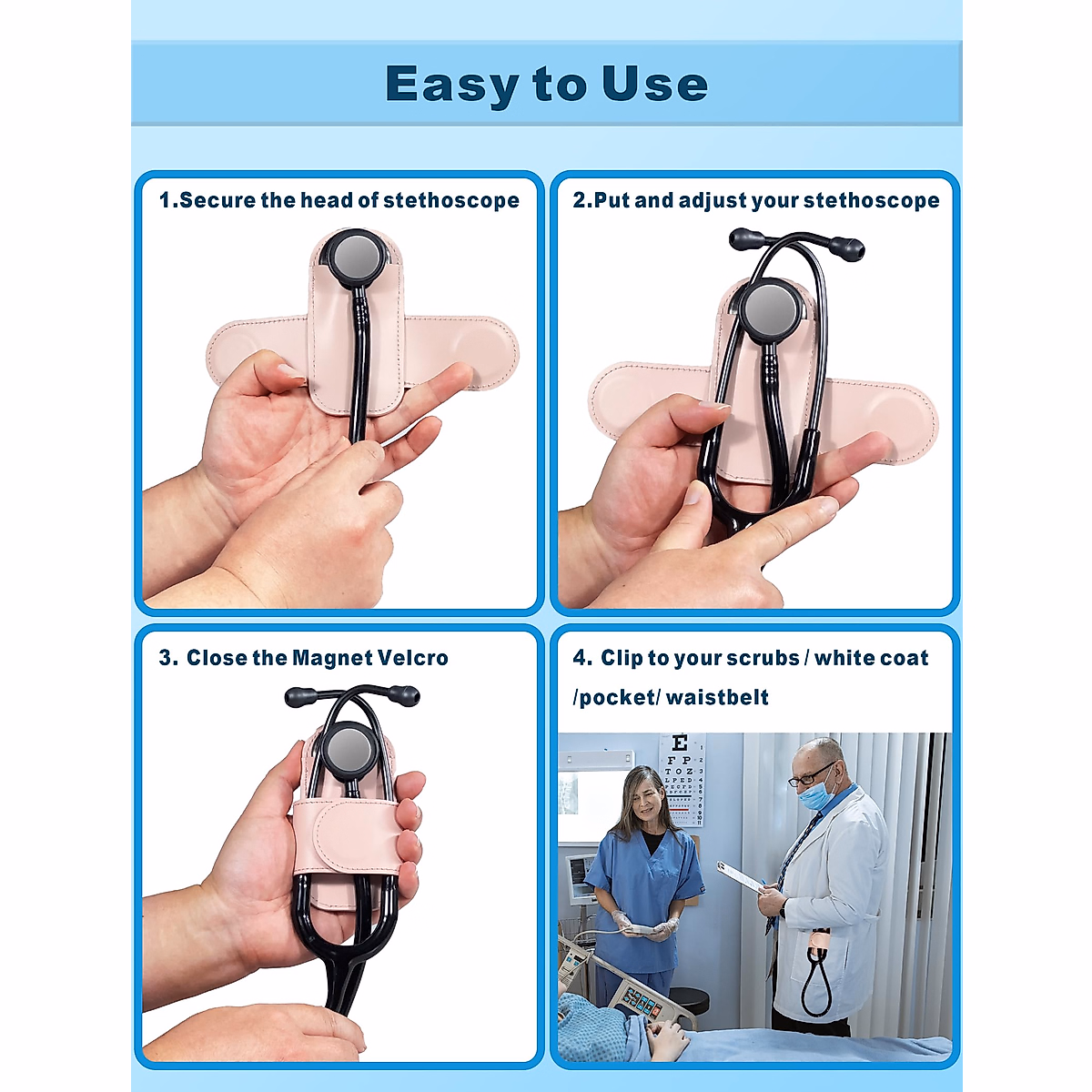 CaseLeather Stethoscope Holder, Genuine Top-Grain Leather | Strong & Durable | Magnetic Closure - Easy Access | for Doctors, Nurses, Adult (Pink)