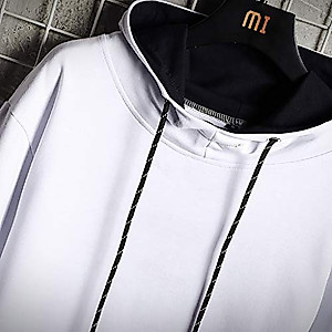 Thenlian Men's New Fashion Loose Stitching Fake Two-piece Hooded Sweater Splice Top (XXXL, White)