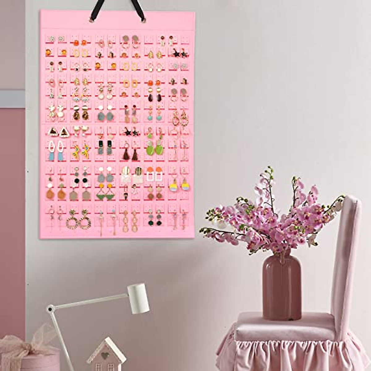 Lolalet Hanging Earring Organizer Earring Holder with 20 Hooks, Holds Up to 360 Pairs, Wall Earrings Hanger Pierced Earring Storage for Women Girls, Large Felt Stud Earring Display -Pink, 1 Pack
