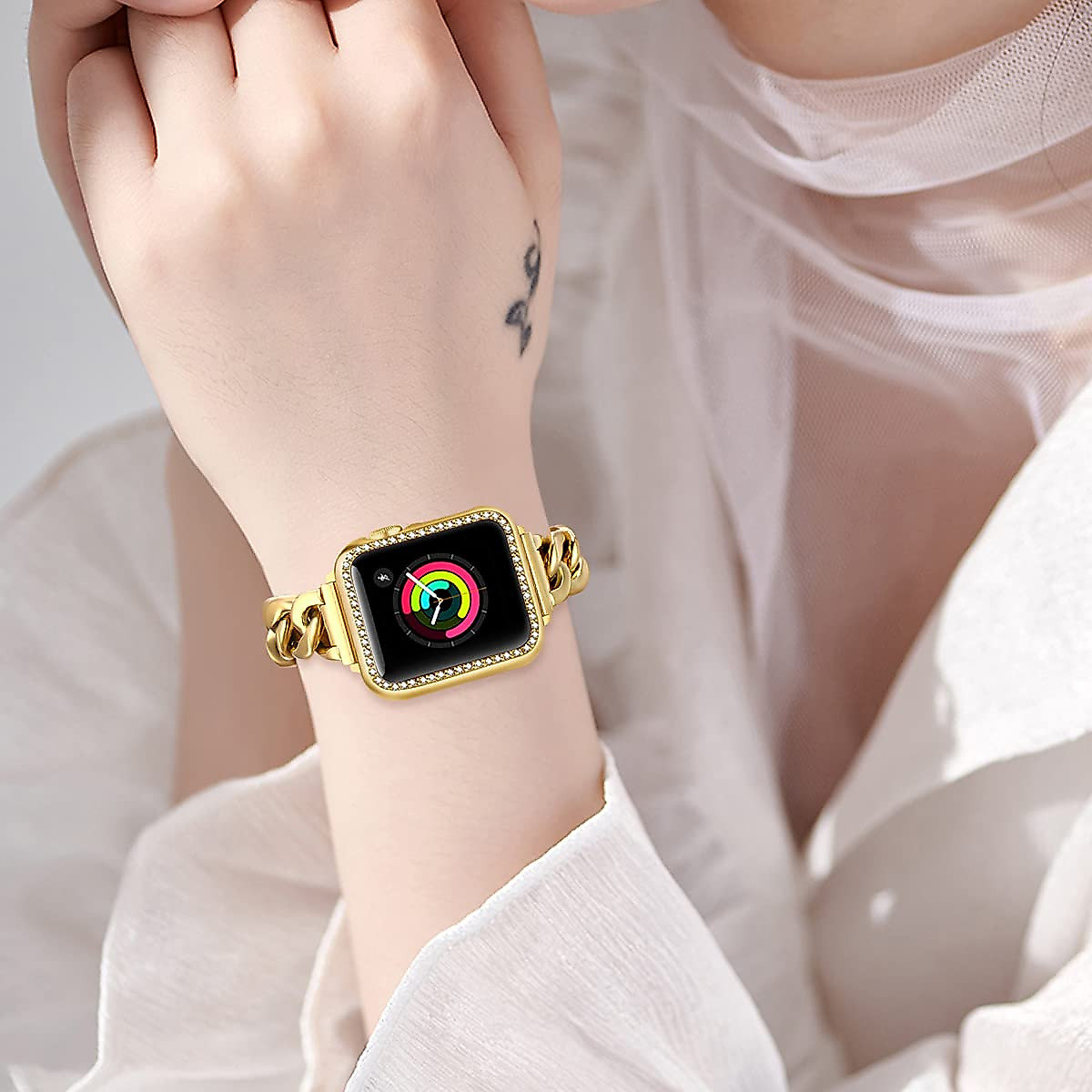 Dilando Cool Chain Metal Link Bands Compatible with Apple Watch 40mm 38mm 41mm 42mm 44mm 45mm Women Men, Gold Stainless Steel Bracelet with Bling Case for Iwatch SE Series 8 7 6 5 4 3 2 1 (Gold, 40mm)