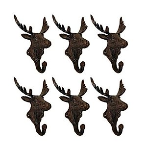 Midwest Craft House 6 Rustic Elk Moose Wall Hooks for Coats, Hats, Purses, Mud Rooms, Bars, Restoration, Cabins, Gifts, Purses, Dog Leashes, Hunters, Rustic Brown Farmhouse Color