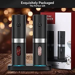 BONNIGHT Electric Salt and Pepper Grinder Set, Automatic Salt & Pepper Mill Refillable with Rechargeable Base, USB Cables, 2 Adjustable Coarseness Mills, One Hand Operation, LED Light