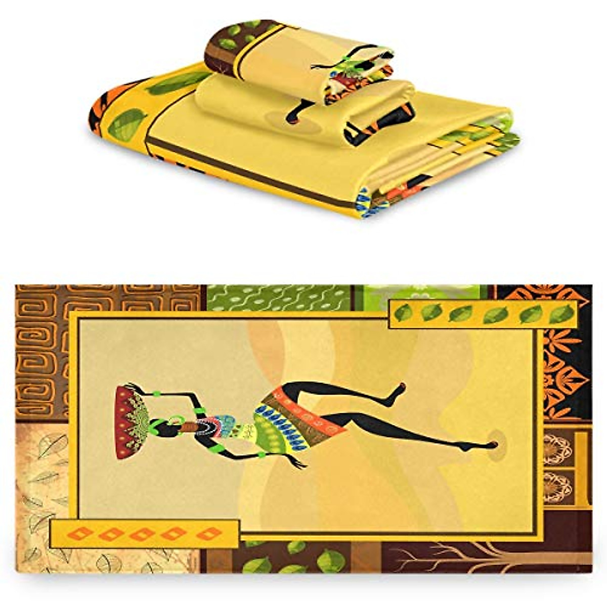Naanle Ethnic African Woman Soft Luxury Decorative Set of 3 Towels, 1 Bath Towel+1 Hand Towel+1 Washcloth, Multipurpose for Bathroom, Hotel, Gym, Spa and Kitchen