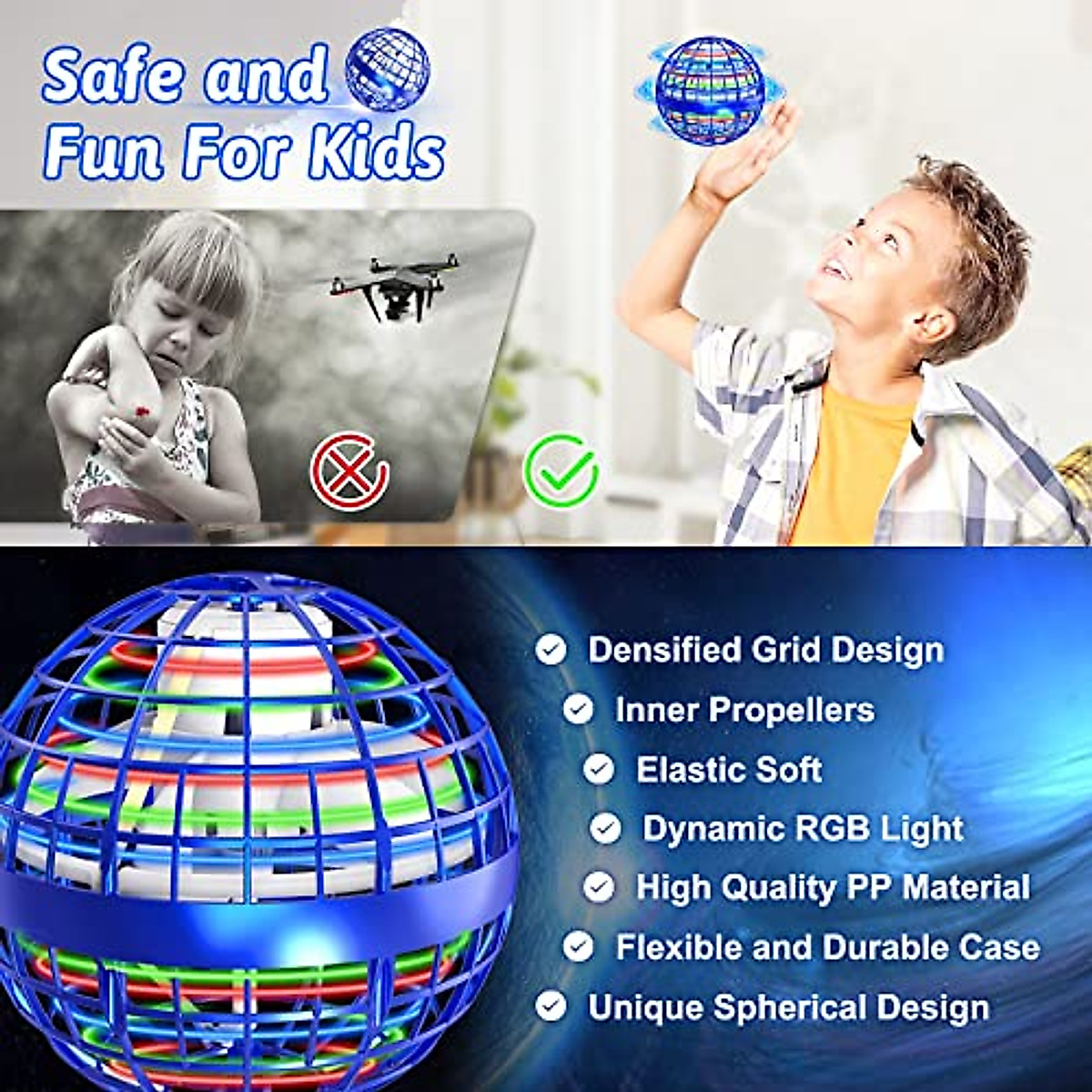 Flying Orb Ball Toys 360°Rotating Soaring Hover Orb Boomerang Spinner Magic LED Light Flying Ball Toys Hand Controlled Spinning Drone Ball Safe for Kids Adults Indoor Outdoor
