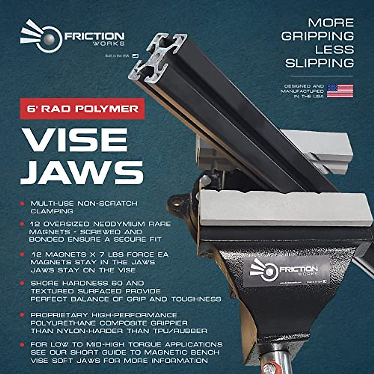 FRICTIONWORKS Vise Jaws - 6" Made in USA Pro Grade Multipurpose Reversible Bench Vise Soft Jaws – N48 Magnets, Reinforced Polyurethane. Shore hardness 60-D for multi-use non-scratch clamping