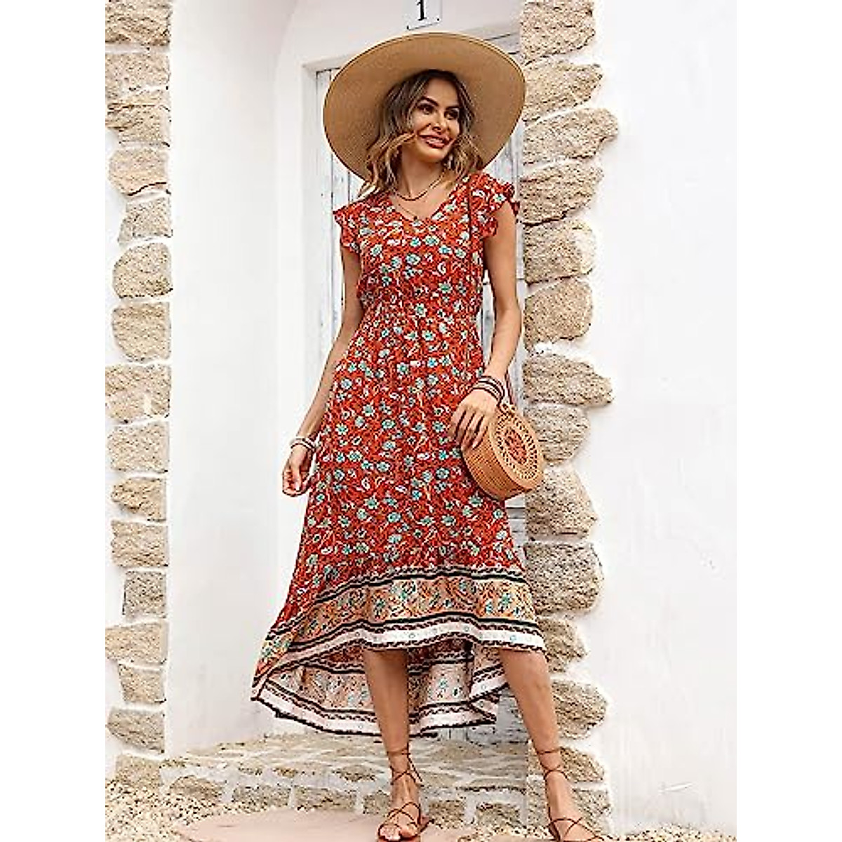 PRETTYGARDEN Long Dress for Women Cap Sleeves V Neck Summer Floral Beach Maxi Dresses Red