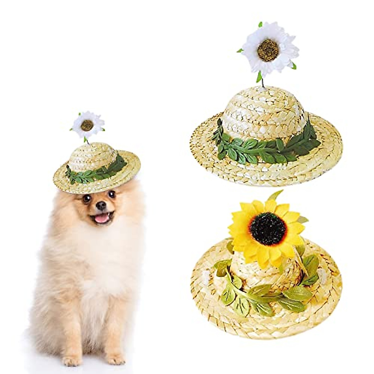 Pet Straw Hat Spring Summer Sunhat with Flower 1PC Dog Cat Cap with Adjustable String for Pet Puppy Cat Party Daliy Decoration