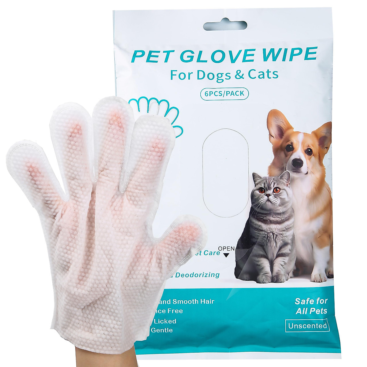 Pet Glove Wipes for Dogs Cats, Extra Thick Hypoallergenic Dog Dry Cleaning Bath Gloves Wipes Deodorizing for Paws/Butt/Teeth/Ear/Eye, Cat Grooming Glove Wipes for Daily Care Traveling(12pcs/2pack)