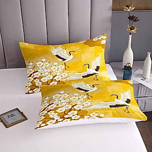 Feelyou Japanese Ukiyoe Them Bedding Set for Girls Boys Children Floral Print Comforter Cover Hokusai Pattern Duvet Cover Japanese-Style Bedspread Cover Yellow King Size 3Pcs Bedclothes