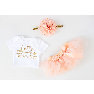 OoSweetCharlotteoO Newborn Baby Girl Coming Home Outfit Hello I am New here Bodysuits 3pcs (Newborn) (Newborn, Peach Short Sleeve)