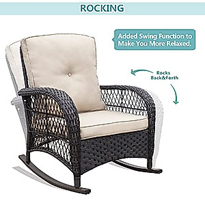 3 Pieces Outdoor Wicker Rocker Patio Bistro Set, Rocking Glider Chairs with Premium Cushions and Armored Glass Top Side Table, Elegant Wicker Patio Bistro Conversation Sets for Backyard