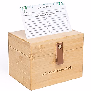 Pera Blanca Recipe Box with Cards and Dividers | Recipe Card Box Faux Leather Handle | 50 Eucalyptus Patterned Recipe Cards and Box Set | Wooden Recipe Box | Housewarming Gifts | Wood Recipe Box 4x6