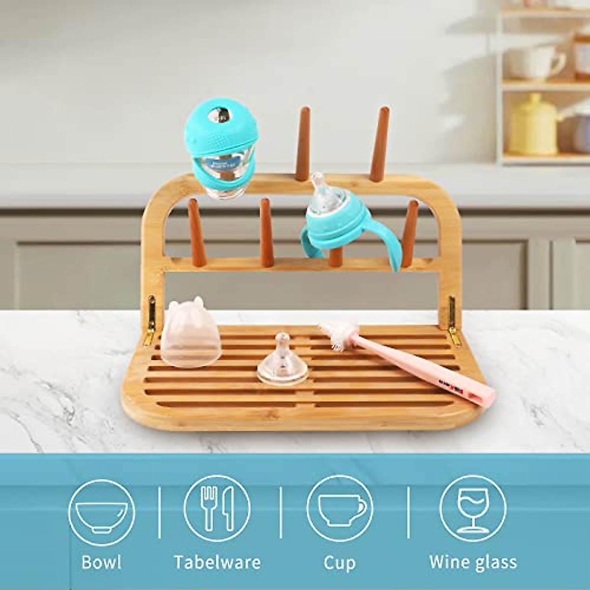 SILICOCO Baby Bottle Drying Rack, Bamboo Dish Drying Rack Foldable Organizer Holder with Locking Buckle, Baby Bottle Holder for Plastic Bags, Cups, Accessories