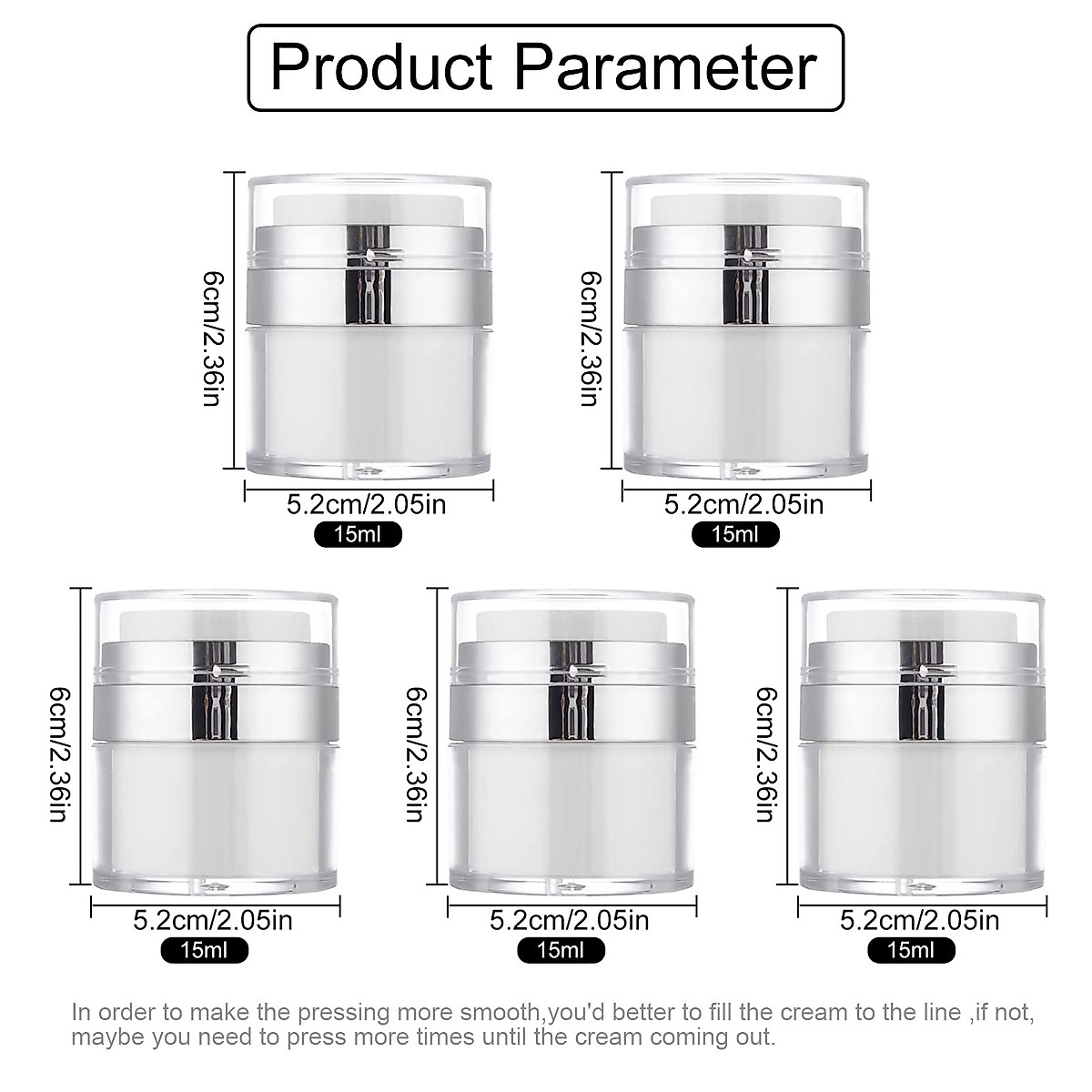 Airless Pump Jar, 5PCS Cream Jar Vacuum Bottle Refillable Travel Containers for Toiletries, Airless Pump Bottles for Lotions And Creams(0.5 Oz/15ml)