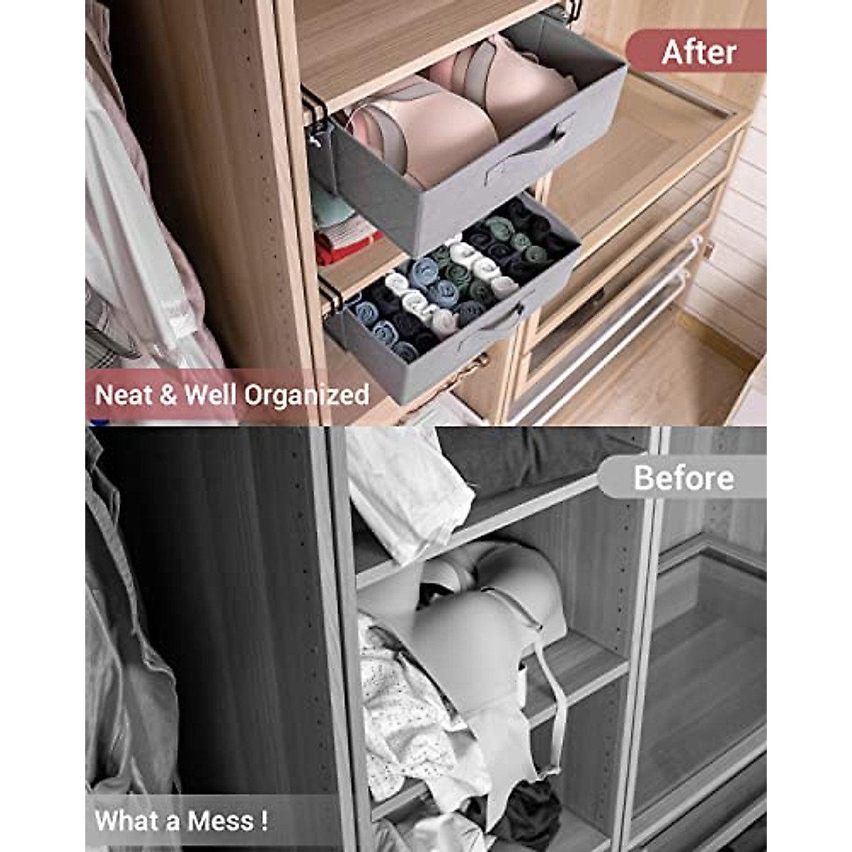 BRUINAGORA Closet Organizers and Storage, Closet Pullout Drawer, Under Shelf Storage Organizer, Adjustable Clips for Underwear, Bra, Lingerie, Panties, Undies, Grey/2 Pack