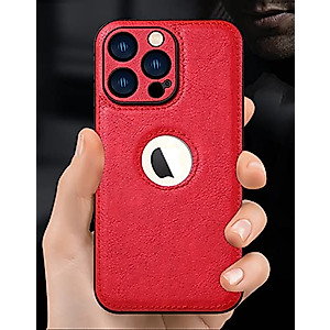 SunRemex Logo Visible for iPhone 13 Pro Max Case with Tempered Glass Screen Protector, Non-Slip Grip Vegan Leather Classic Luxury Elegant Thin Cover for iPhone 13 Pro Max (6.7") (Red)