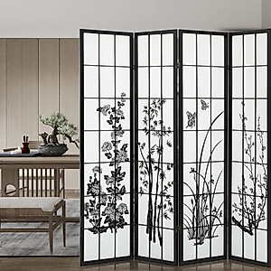 Magshion Folding Room Dividers 5.9ft 4-Panel Portable Room Separators Divider Wall, Oriental Ink Four Noble Ones Print Folding Room Dividers Freestanding Black Screen for Home Office