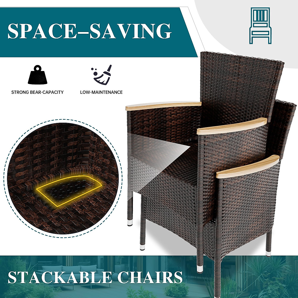 Shintenchi 5 Piece Patio Dining Set, Wicker Patio Conversation Set with Wood Table Top, Outdoor Table and Chairs with Soft Cushions for Backyard, Deck and Garden, Brown Rattan