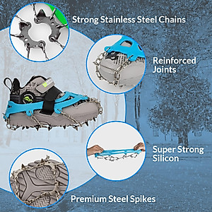 Kids Ice Cleats - Snow Crampons for Hiking Boots & Shoes with 14 Stainless Steel Spikes, Anti Slip Traction Grips for Boys and Girls, Snow Cleats for Hiking, Walking & Climbing (Small, Blue)