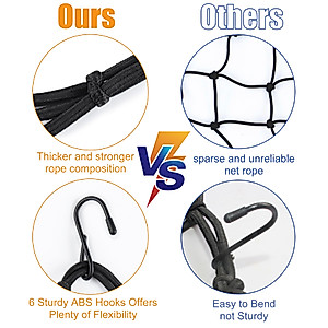 Amiss 15"x15" Elastic Motorcycle Cargo Net, Heavy Duty Bungee Net with 6 Adjustable Plastic Hooks, Luggage Thicken Netting with 2"x2" Small Mesh, Fit for Trailer, SUV, Motorcycle, ATV, Bike - Black
