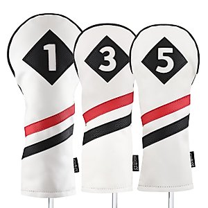 Majek Retro Golf Headcovers White Red and Black Vintage Leather Style 1 3 5 Driver and Fairway Head Covers Fits 460cc Drivers Classic Look