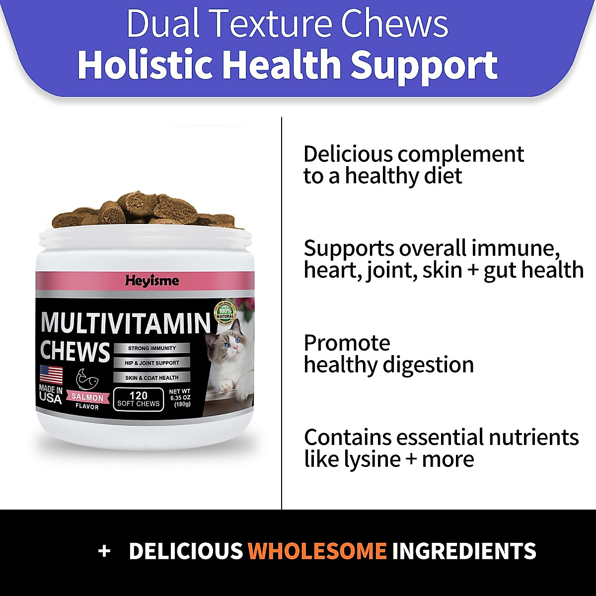 HEYISME Lysine Supplement for Cats, Cat Treats for Sneezing and Runny Nose, Cat Cold, Cat Immune Support, Eye Function, and Respiratory Health, L-Lysine Cat Vitamins for Cats (Salmon, 120 Chews)