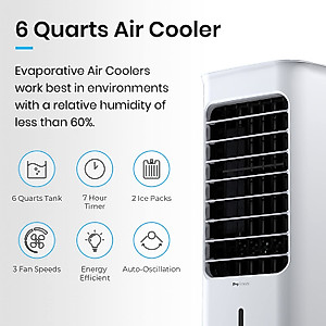 Pro Breeze Evaporative Air Cooler For Room Cooling Fan - 3-in-1 Air Cooler Portable with 6 QTS Tank, 70° Oscillation & 7hr Timer - Portable Swamp Cooler with Remote Control