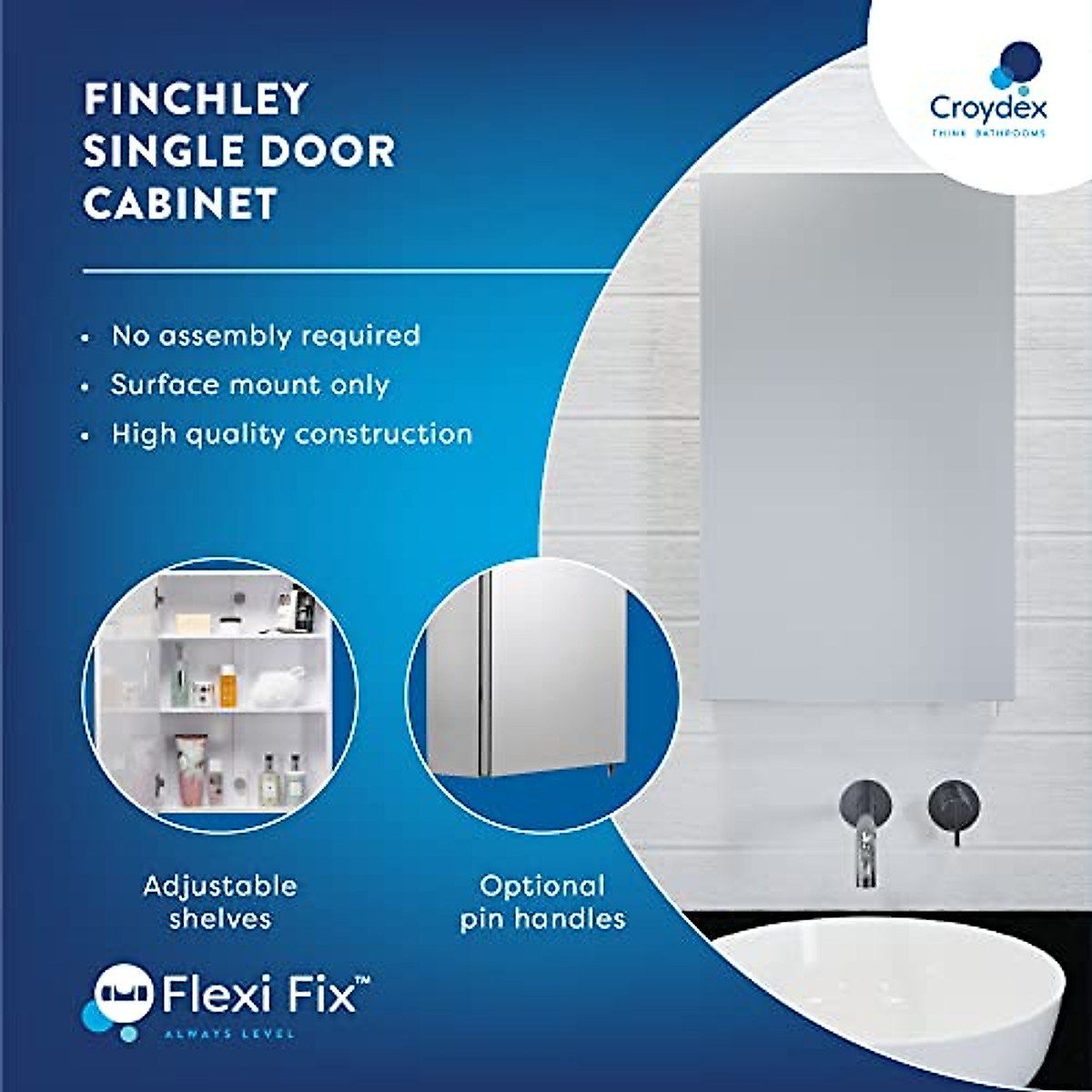 Croydex Finchley Single Door, Surface Mount Flexi-Fix Easy Hanging System Medicine Cabinet, 16 in (W) x 26 in (H) Stainless Steel