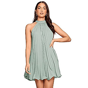 SweatyRocks Women's Sleeveless Tie Back Halter Dress Mini Swing Pleated A-line Skater Dress Green L